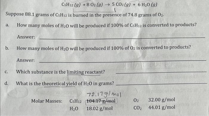 Solved C5H12(g)+8O2(g)→5CO2(g)+6H2O(g) Suppose 88.1 grams of | Chegg.com