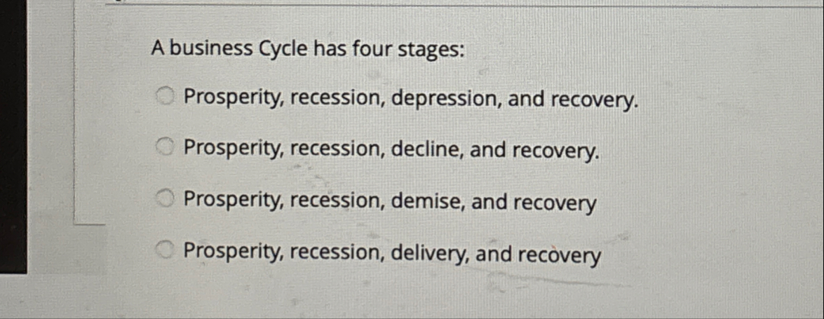 Solved A business Cycle has four stages:Prosperity, | Chegg.com
