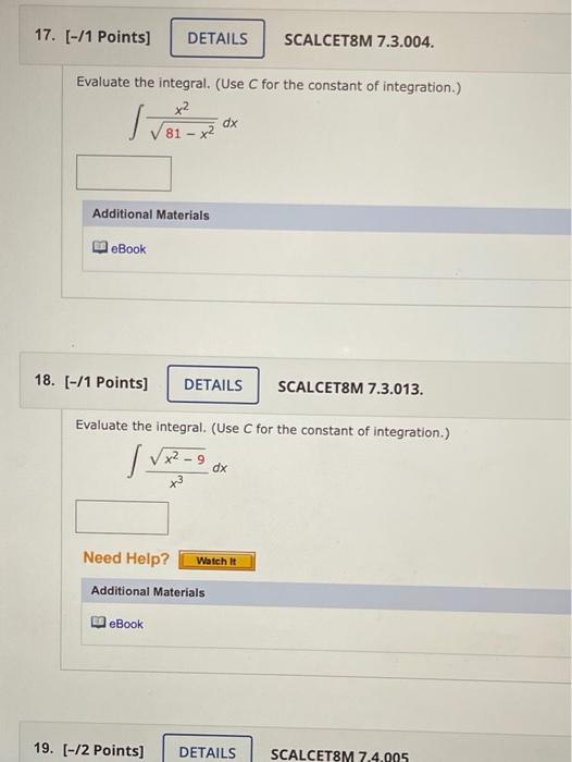 Solved 15. (-/1 Points) DETAILS SCALCET8M 7.3.002. Evaluate | Chegg.com