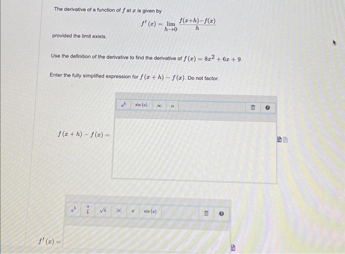 Solved The derivative of a function of f at x is given by | Chegg.com