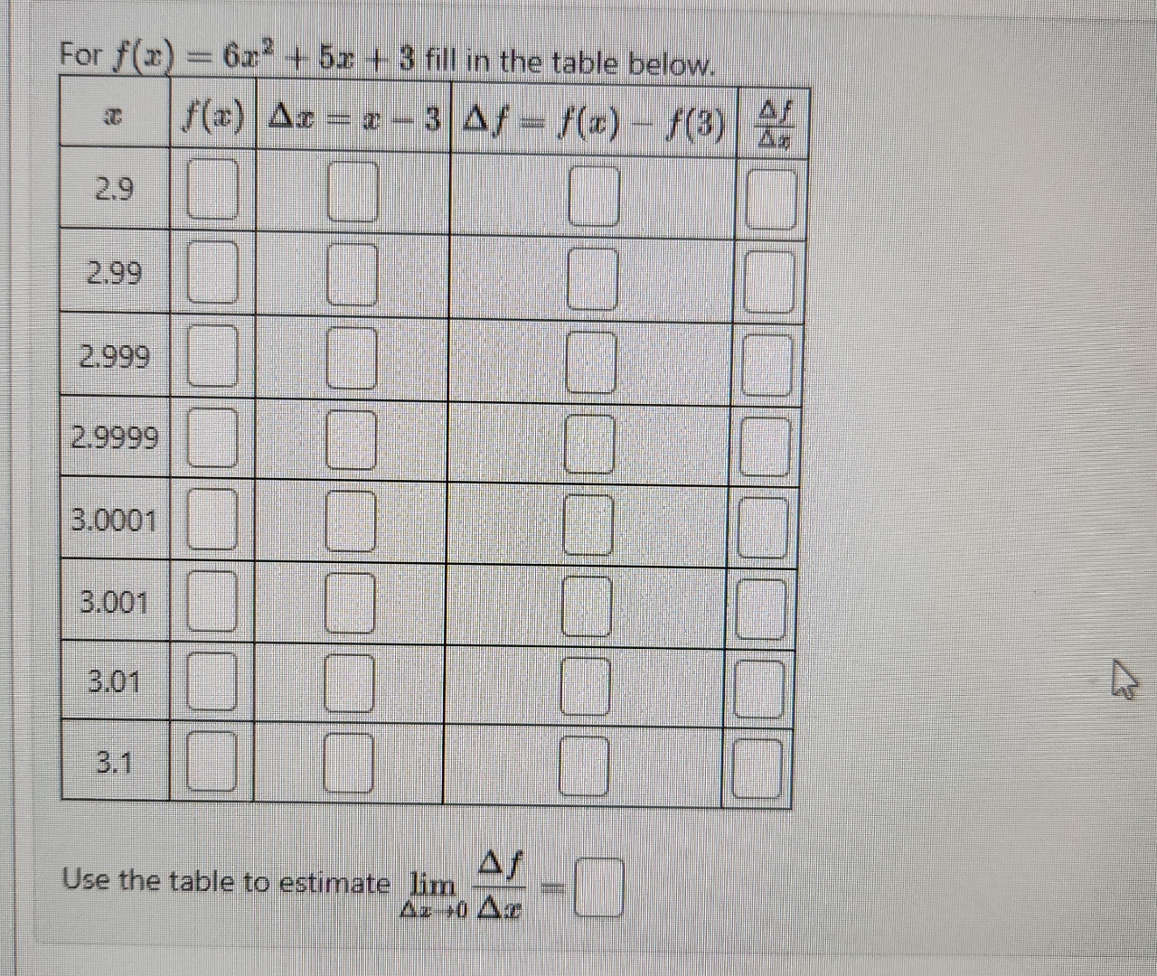 Solved For f(x)=6x2+5x+3 ﻿fill in the table | Chegg.com