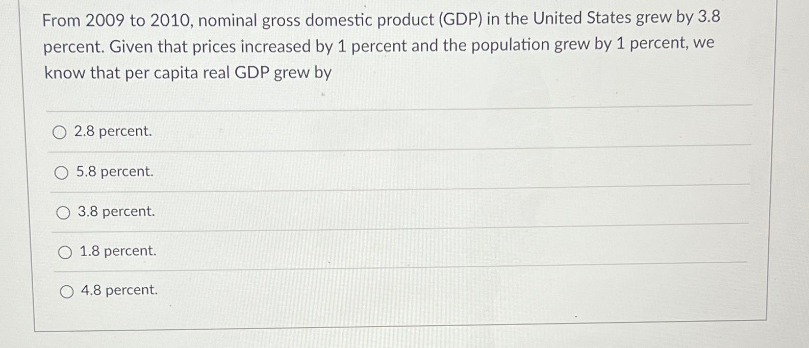 Solved From 2009 ﻿to 2010, ﻿nominal gross domestic product | Chegg.com