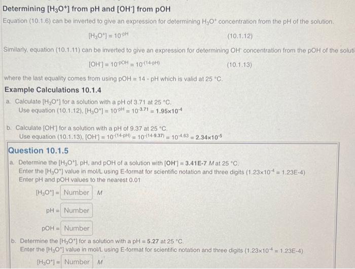 Solved Determining [H3O+] from pH and [OH-] from pOH | Chegg.com