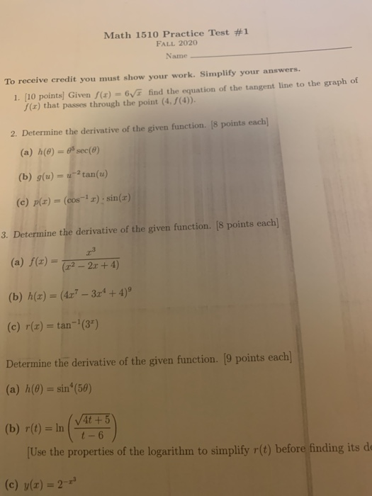 Solved Math 1510 Practice Test #1 FALL 2020 Name To receive | Chegg.com