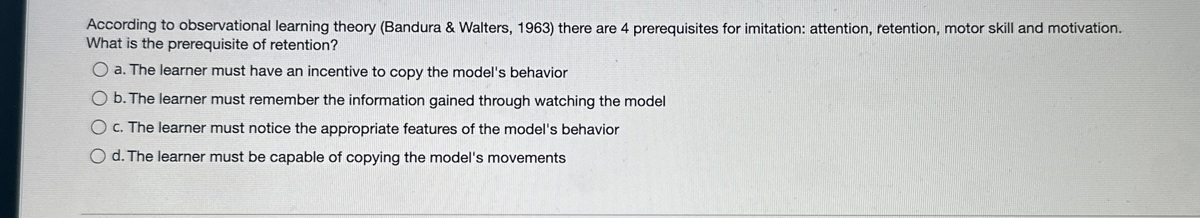 Solved According to observational learning theory (Bandura & | Chegg.com
