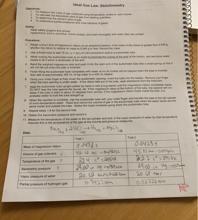 Solved Ideal Gas Law: Stoichiometry Objectives: 1 To measure | Chegg.com