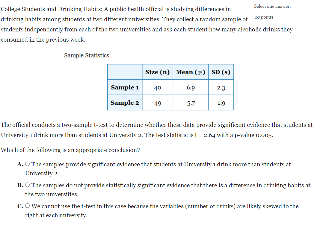 Solved College Students and Drinking Habits: A public health | Chegg.com