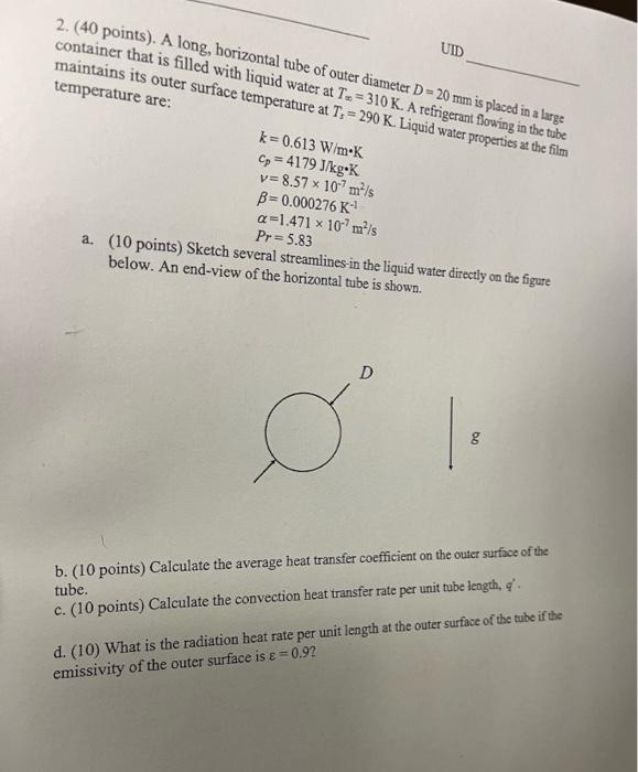 Solved 2. (40 points). A long, horizontal tube of outer | Chegg.com