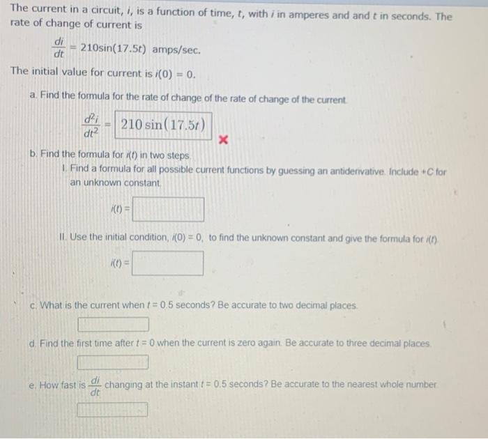 Solved The current in a circuit, 1, is a function of time, | Chegg.com