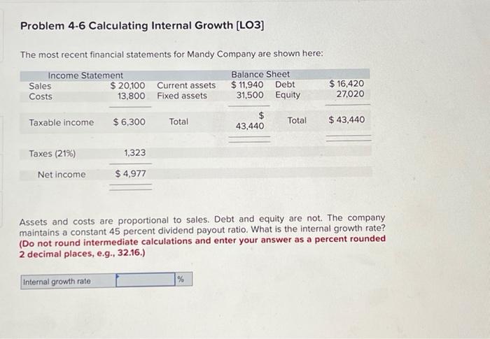 Solved Problem 4-6 Calculating Internal Growth [LO3] The | Chegg.com