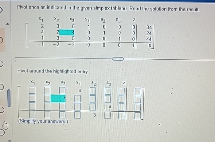Pivot once as indicated in the given simplex tableau. | Chegg.com