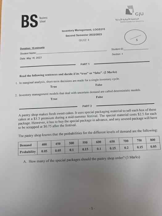 Solved Demand 400 Probability 0.05 Read the following | Chegg.com