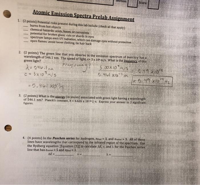 Solved Ection Score Atomic Emission Spectra Prelab Chegg