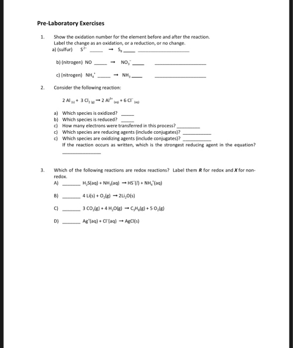 Solved Pre-Laboratory Exercises Show the oxidation number | Chegg.com