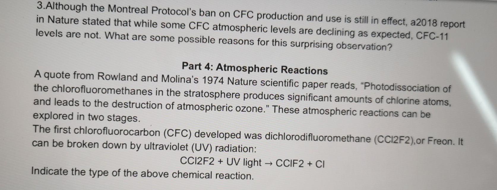 Solved 3.Although the Montreal Protocol's ban on CFC | Chegg.com
