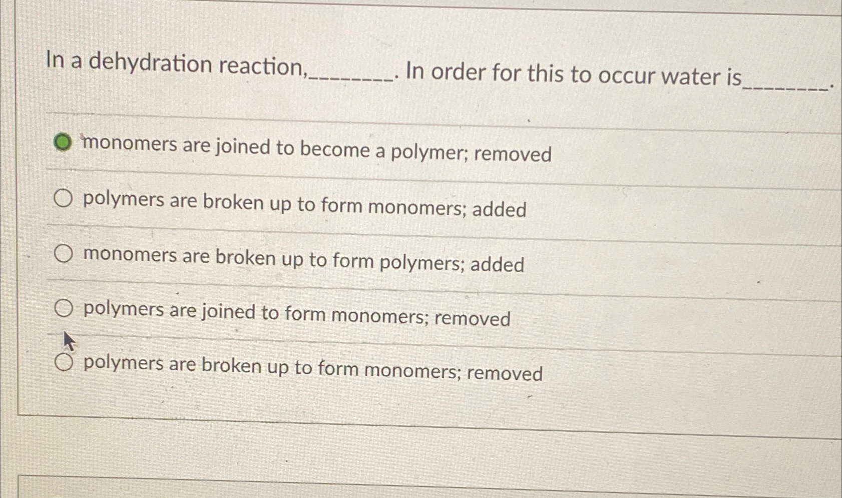Solved In a dehydration reaction, In order for this to occur | Chegg.com