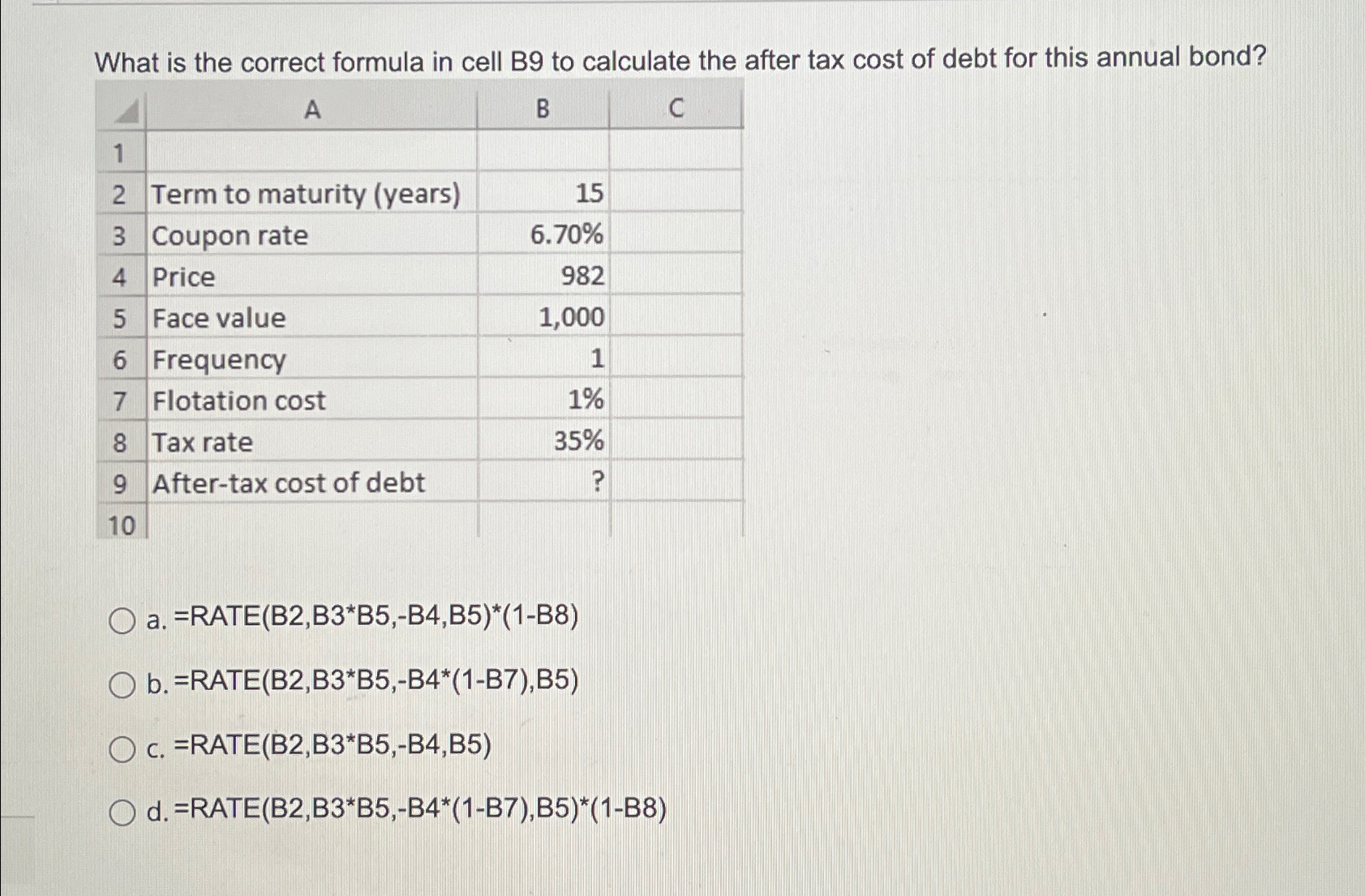 Solved What is the correct formula in cell B9 ﻿to calculate | Chegg.com