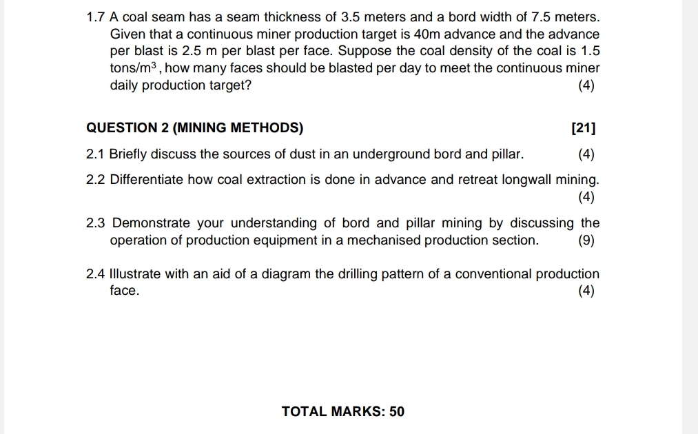 Solved 1.7 ﻿A coal seam has a seam thickness of 3.5 ﻿meters | Chegg.com