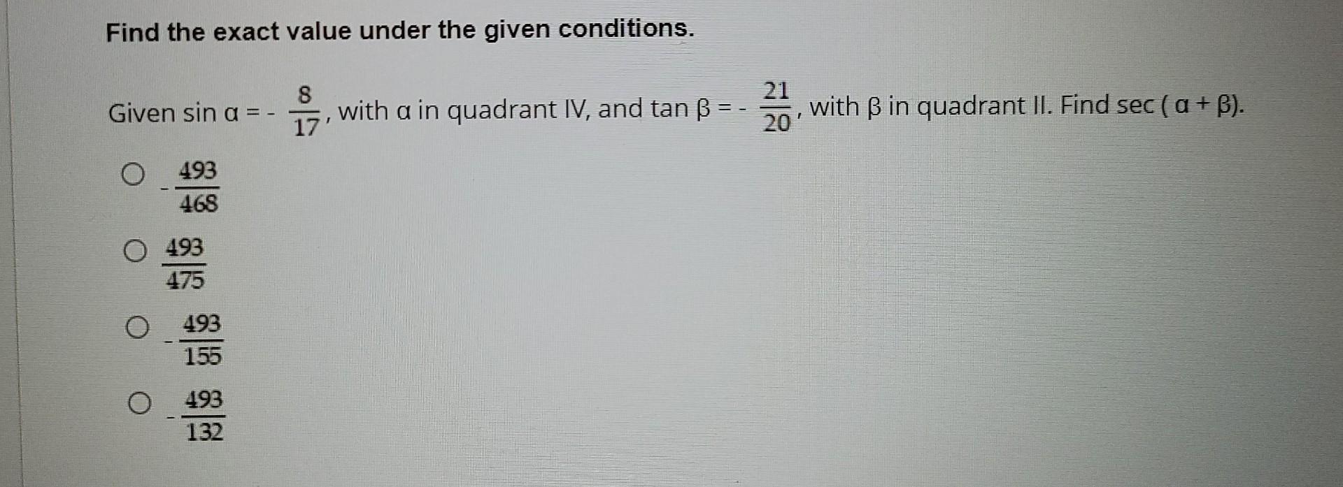 Solved Find the exact value under the given conditions. | Chegg.com