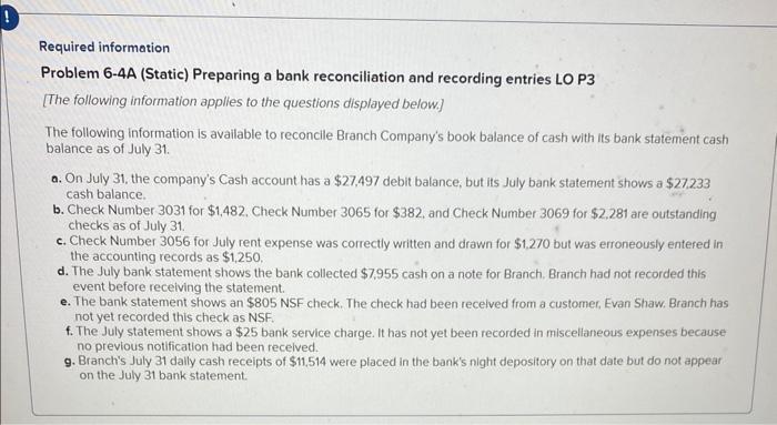 Solved Problem 6-4A (Static) Preparing a bank reconciliation | Chegg.com