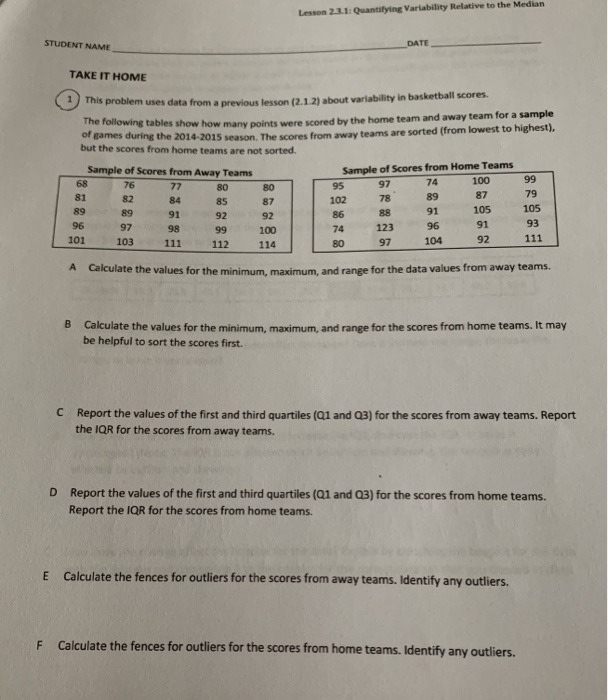 Solved Lesson 2.3.1: Quantifying Variability Relative to the | Chegg.com