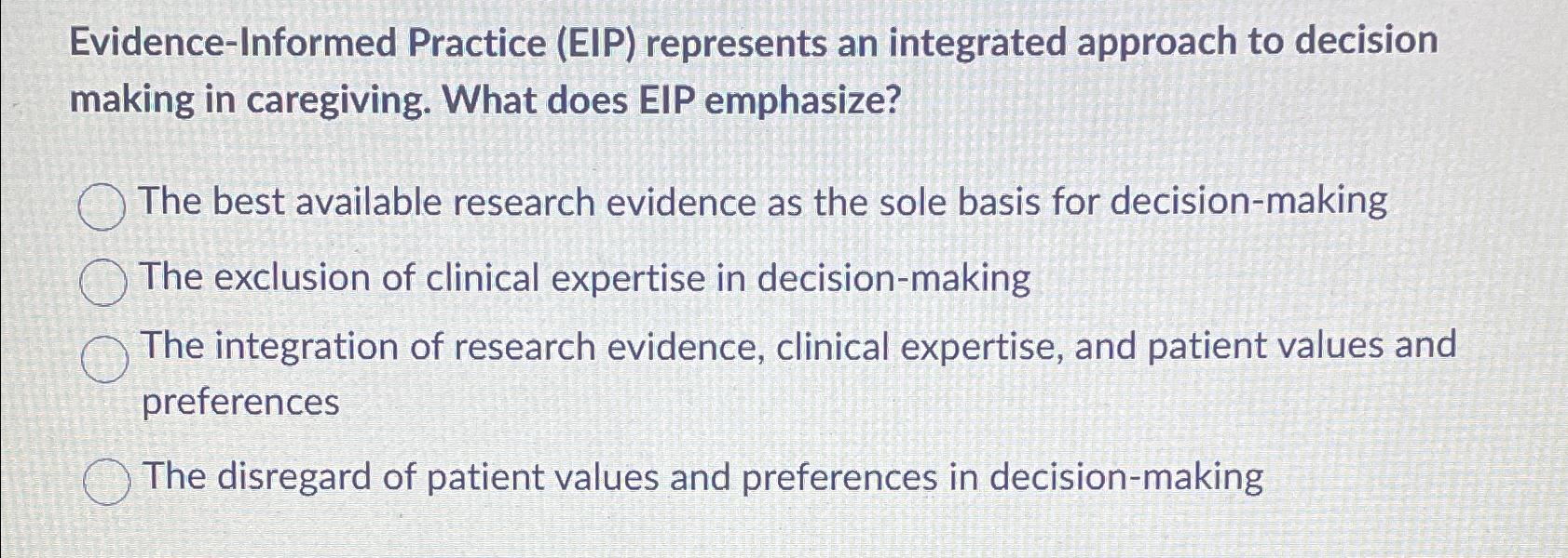Solved Evidence-Informed Practice (EIP) ﻿represents an | Chegg.com