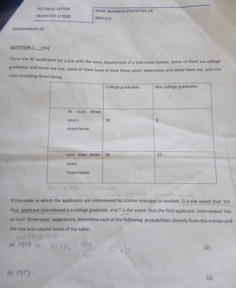 Solved TUTORIAL LETTER BASIC BUSINESS STATISTICS 1A SEMESTER | Chegg.com