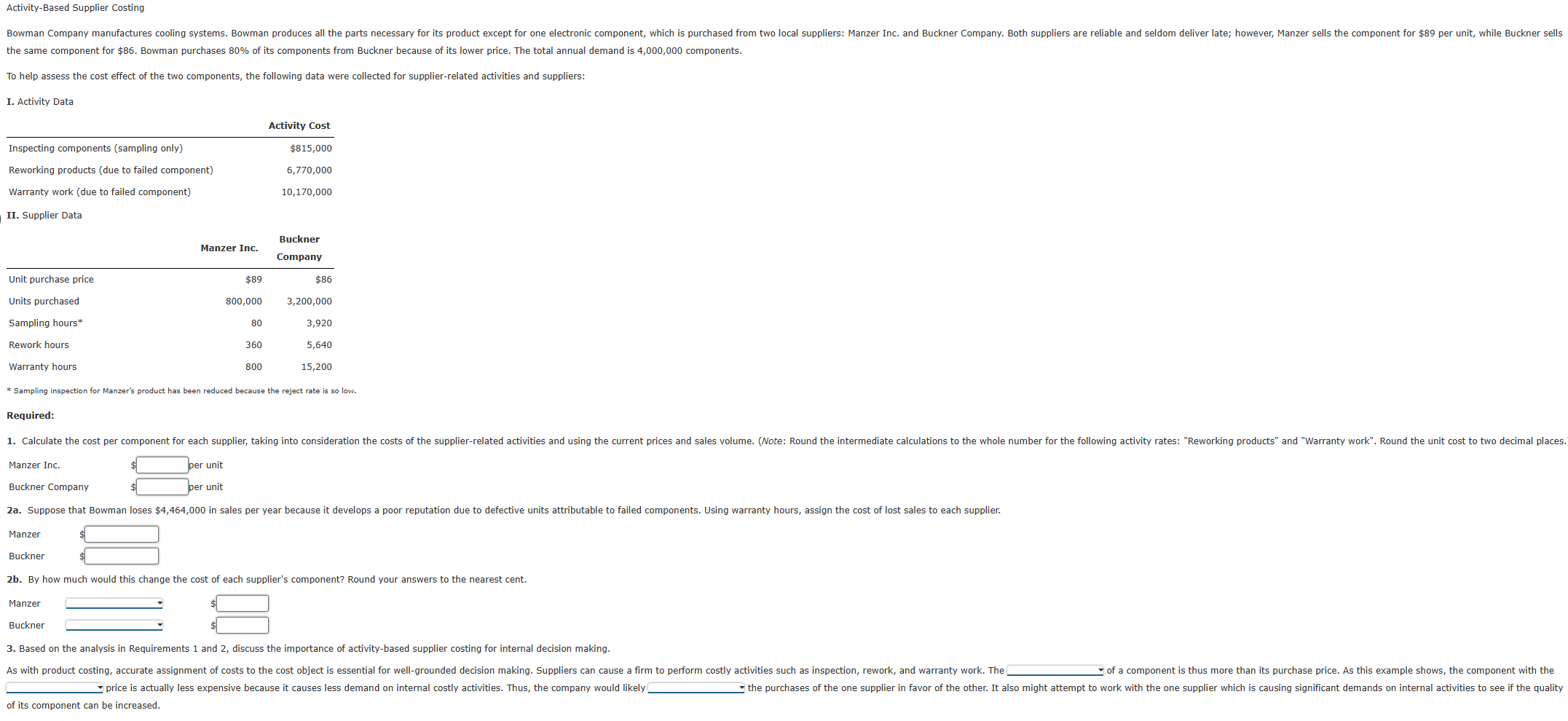 Solved Activity-Based Supplier Costingthe same component for | Chegg.com