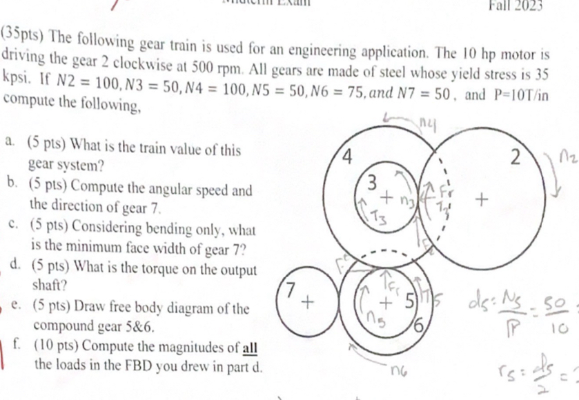Solved (35pts) ﻿The following gear train is used for an | Chegg.com