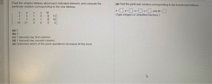 Solved Pivot the simplex tableau about each indicated | Chegg.com