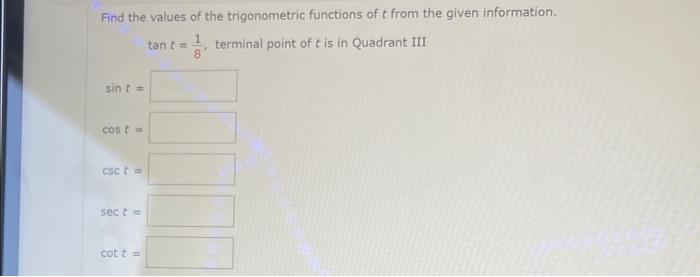 Solved Find the values of the trigonometric functions of t | Chegg.com