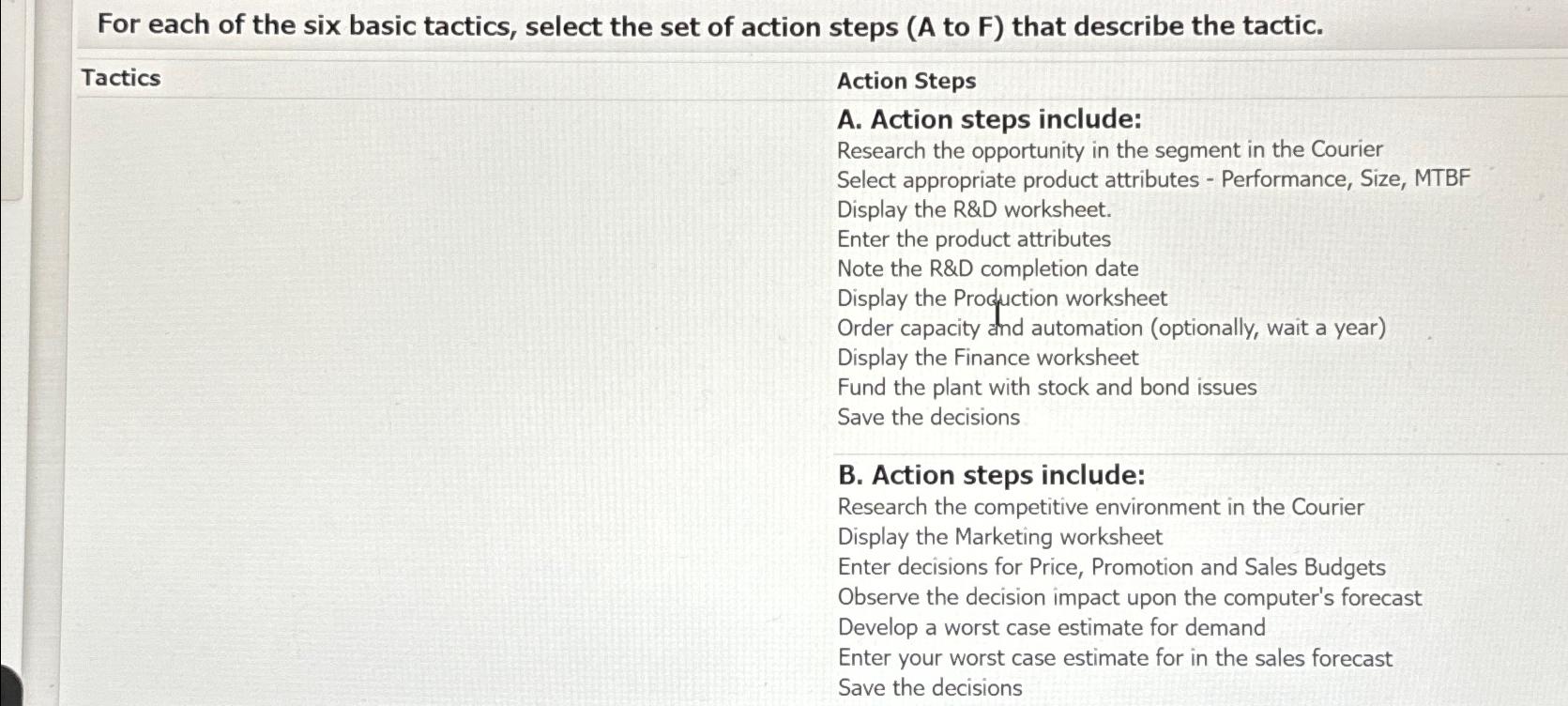 Solved For each of the six basic tactics, select the set of | Chegg.com