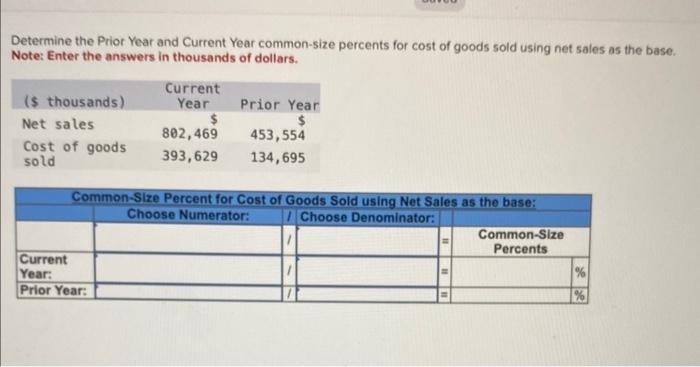 Solved Determine the Prior Year and Current Year common-size | Chegg.com