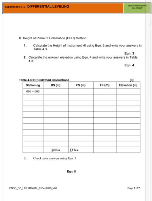 Experiment #3-DIFFERENTIAL LEVELING Second Year | Chegg.com