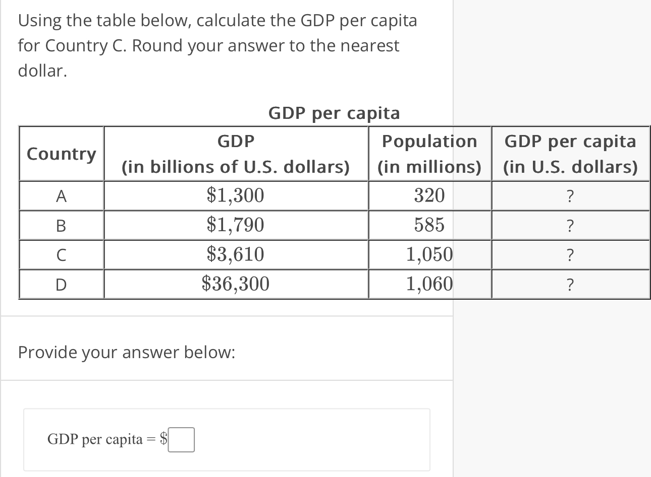 Solved Using the table below, calculate the GDP per capita | Chegg.com