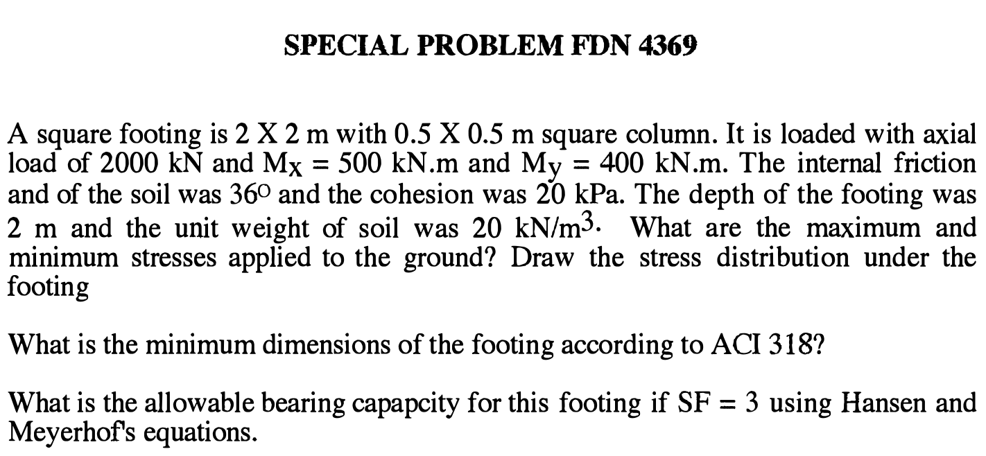 Solved SPECIAL PROBLEM FDN 4369A square footing is 2 X 2 m | Chegg.com