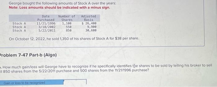 Solved George bought the following amounts of Stock A over | Chegg.com