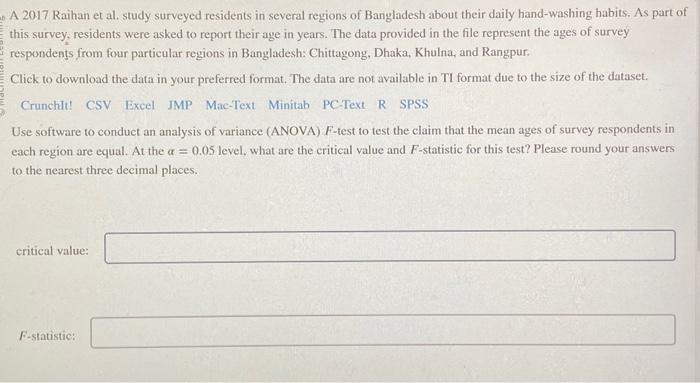 Solved A 2017 Raihan et al. study surveyed residents in | Chegg.com