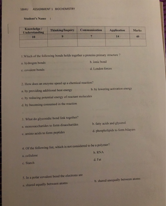 Solved SBI4U ASSIGNMENT 1 BIOCHEMISTRY Student's Name | Chegg.com