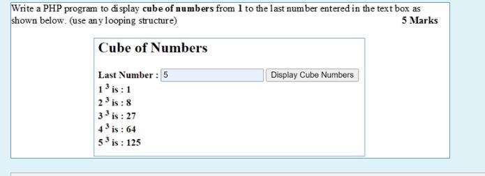 Solved Write a PHP program to display cube of numbers from 1 | Chegg.com