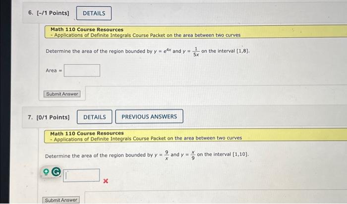 Solved Math 110 Course Resources - Applications of Definite | Chegg.com