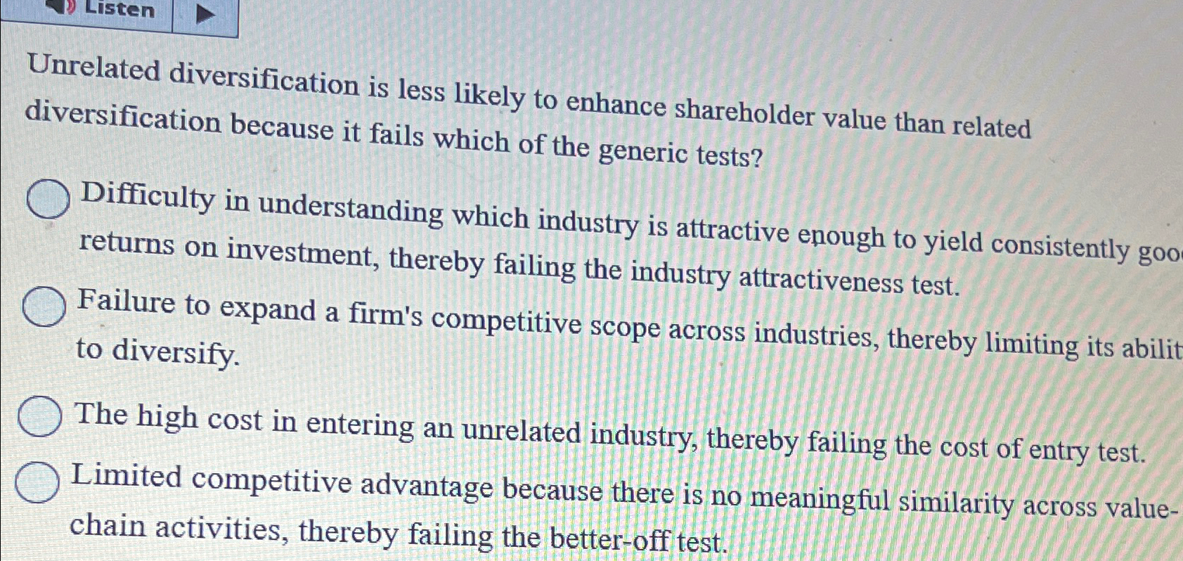 Solved Unrelated diversification is less likely to enhance | Chegg.com