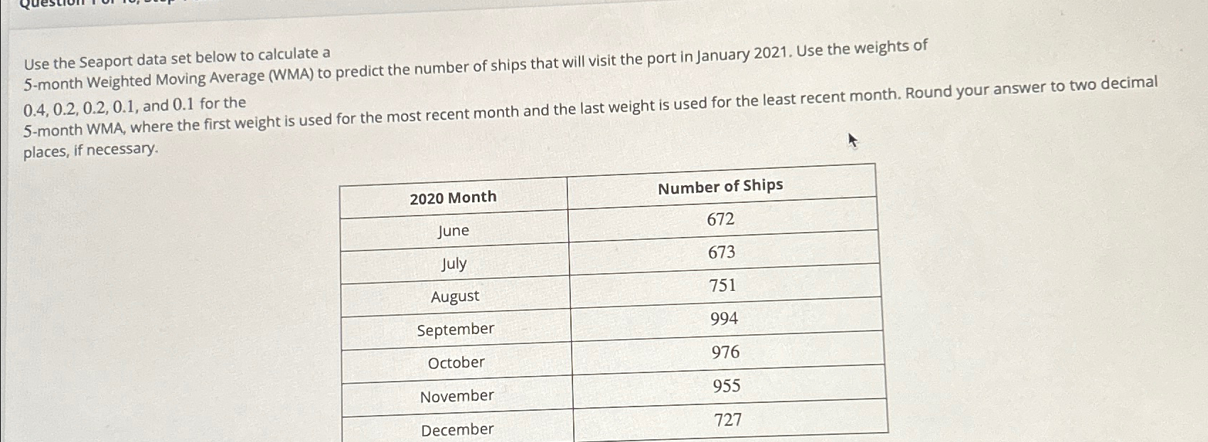 Solved Use the Seaport data set below to calculate a5-month | Chegg.com