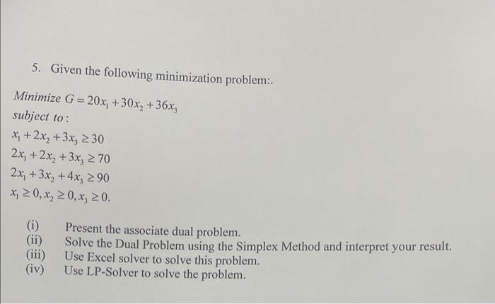 Solved 5. Given the following minimization problem:. | Chegg.com