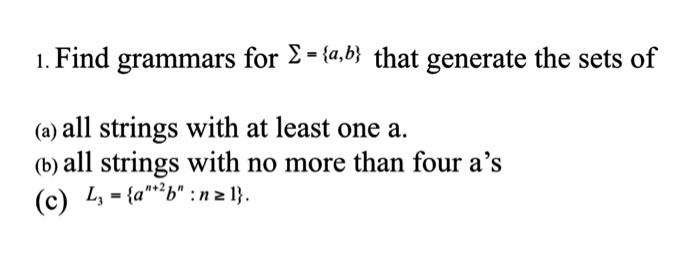 Solved 1. Find grammars for Σ={a,b} that generate the sets | Chegg.com