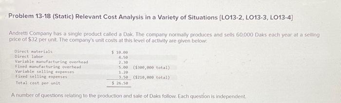 Solved Problem 13-18 (Static) Relevant Cost Analysis in a | Chegg.com