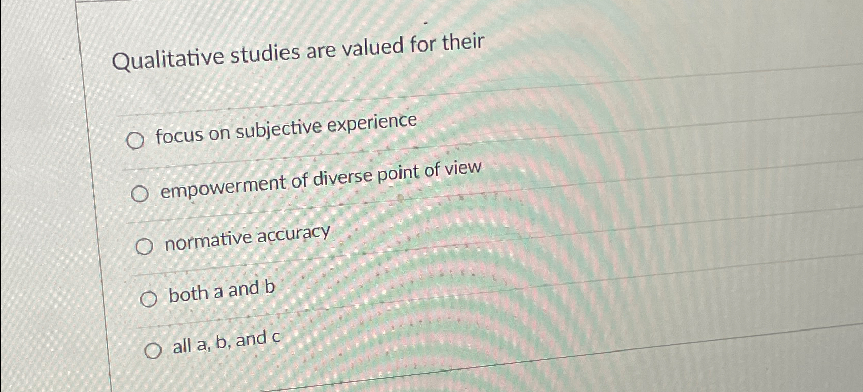 Solved Qualitative studies are valued for theirfocus on | Chegg.com