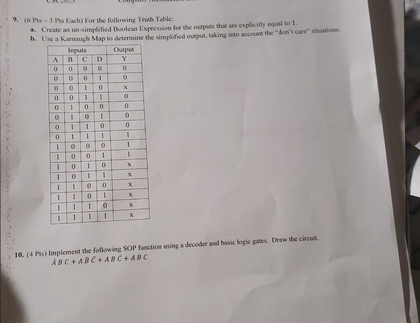 9. (6 Pts -3 Pts Each) For the following Truth Table: | Chegg.com