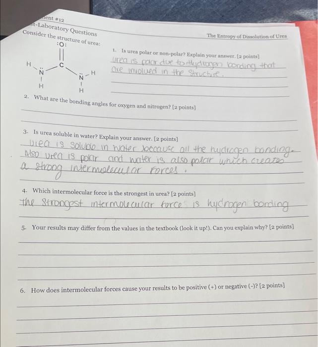 Solved The Entropy of Dissolution of Urea 1. Is urea polar | Chegg.com