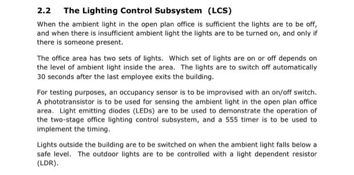 Solved 2.2 The Lighting Control Subsystem (LCS) When the | Chegg.com